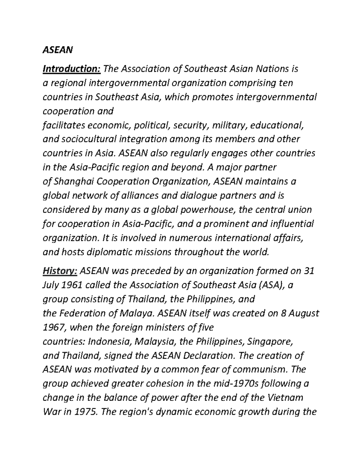 Asean - NOTES - ASEAN Introduction: The Association of Southeast Asian ...