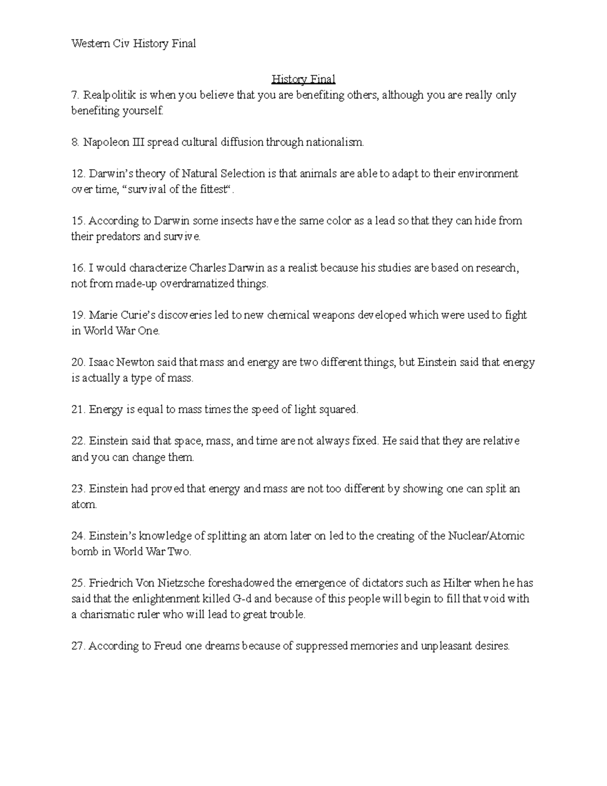 Western Civ Final - Western Civ History Final History Final 7 ...