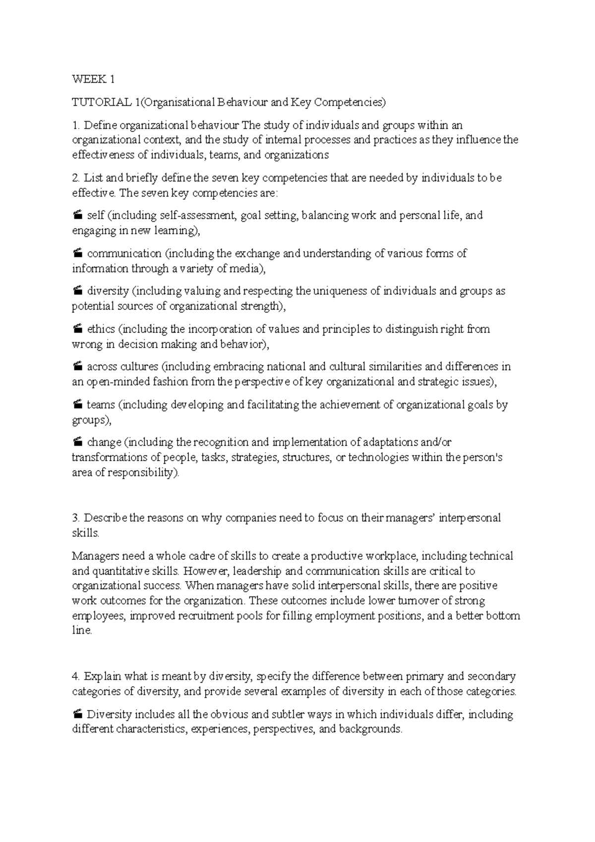 Organizational Behavior Tutorial 1 - WEEK 1 TUTORIAL 1(Organisational Behaviour and Key - Studocu