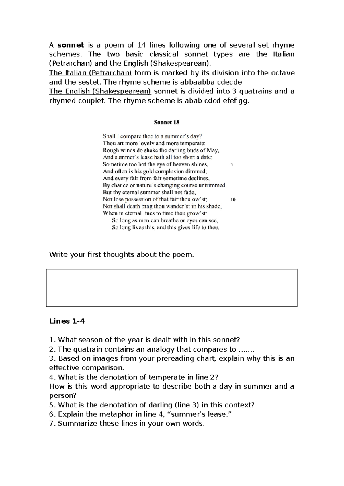 Sonnet 18 by Shakespeare - A sonnet is a poem of 14 lines following one ...