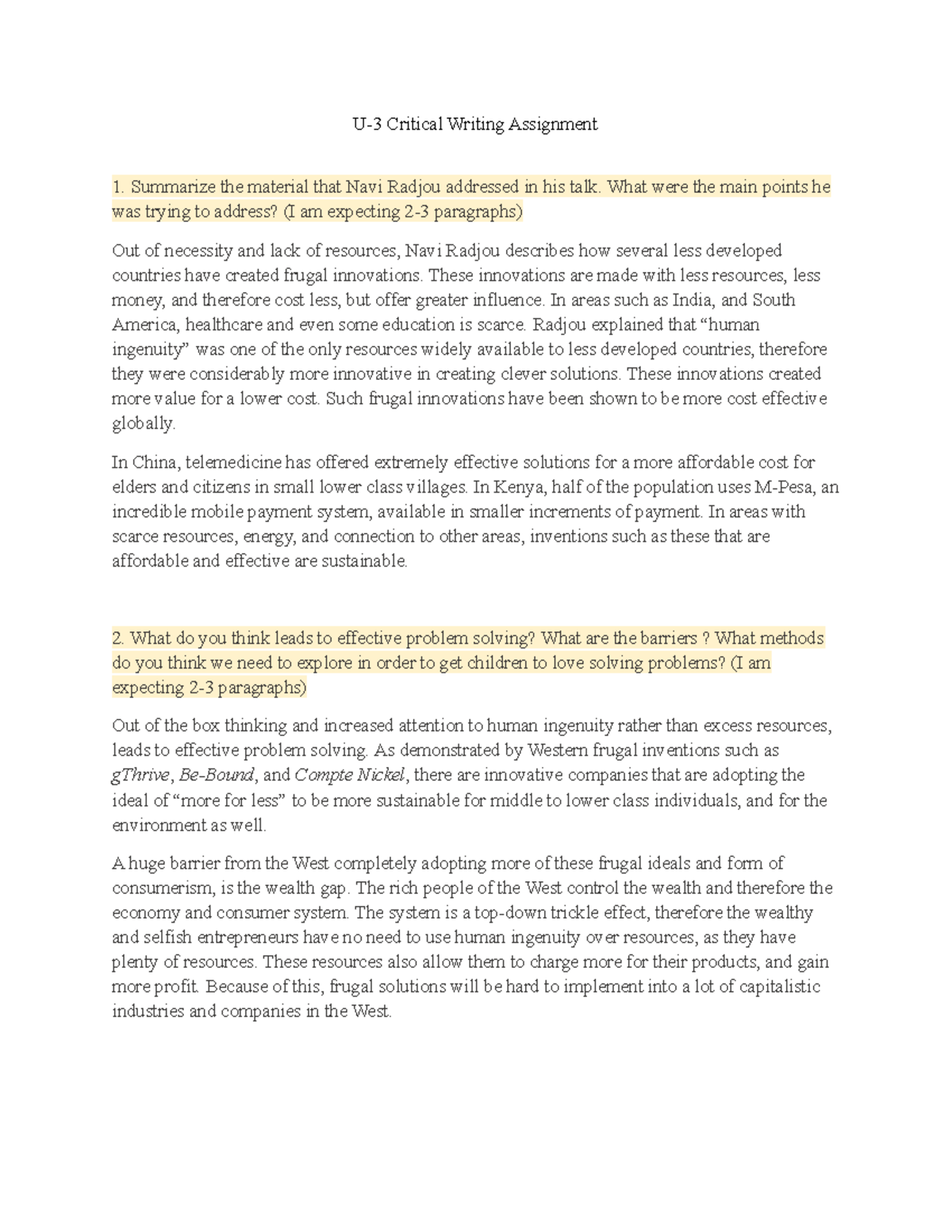 U-3 Critical Writing Assignment - U-3 Critical Writing Assignment ...