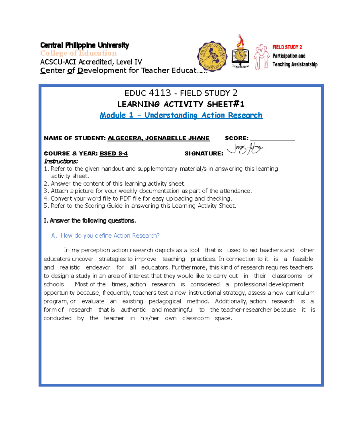 Learning Activity Sheet 1 1 - College of Education ACSCU-ACI Accredited ...