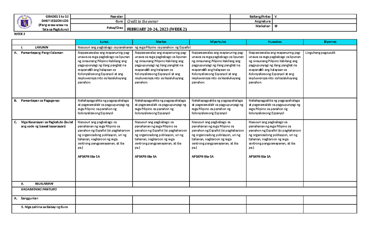 Grade 5 DLL Araling Panlipunan 5 Q3 Week 2 - GRADES 1 to 12 DAILY ...