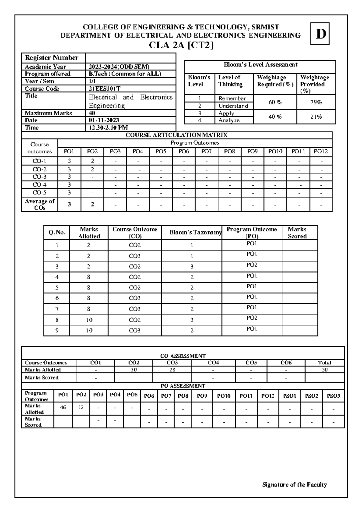21EES101T- CT2- Batch 2 - Set D - COLLEGE OF ENGINEERING & TECHNOLOGY ...