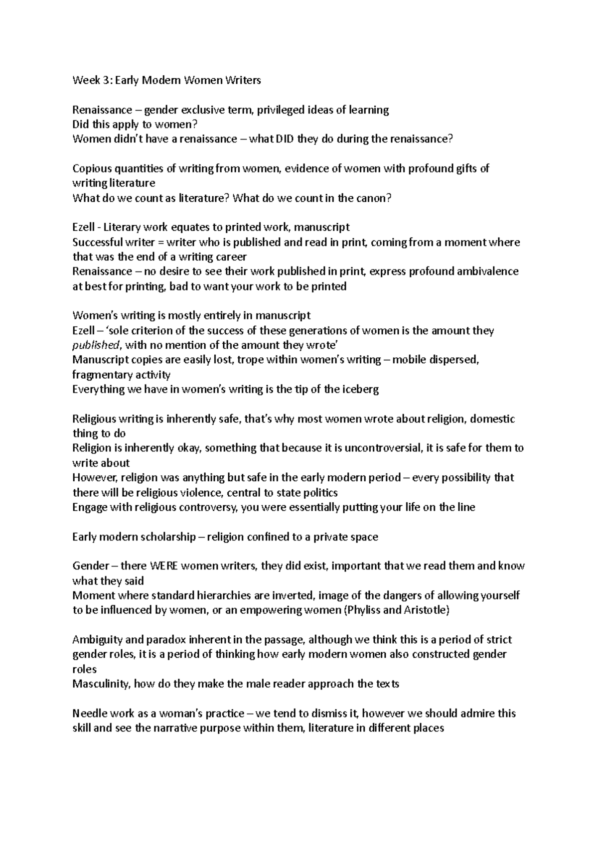 Week 3 - Women's poetry - Week 3: Early Modern Women Writers ...