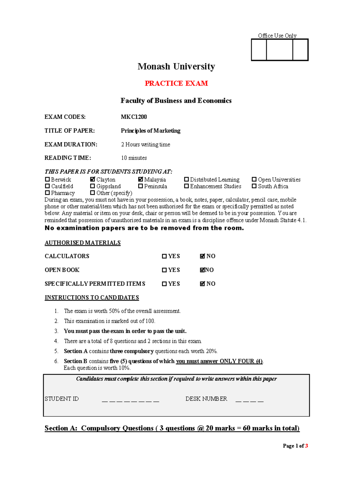 Sample exam 2 - Page 1 of 3 Office Use Only Monash University PRACTICE ...