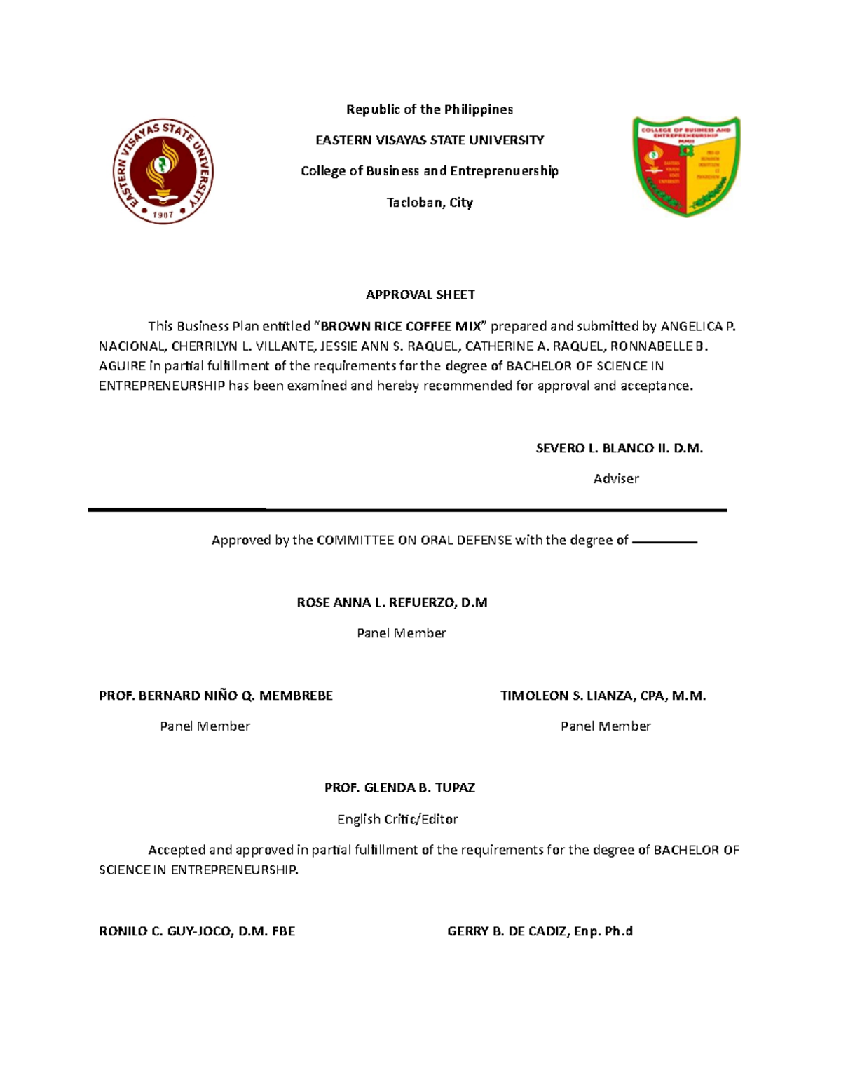 Approval Sheet - Republic of the Philippines EASTERN VISAYAS STATE ...