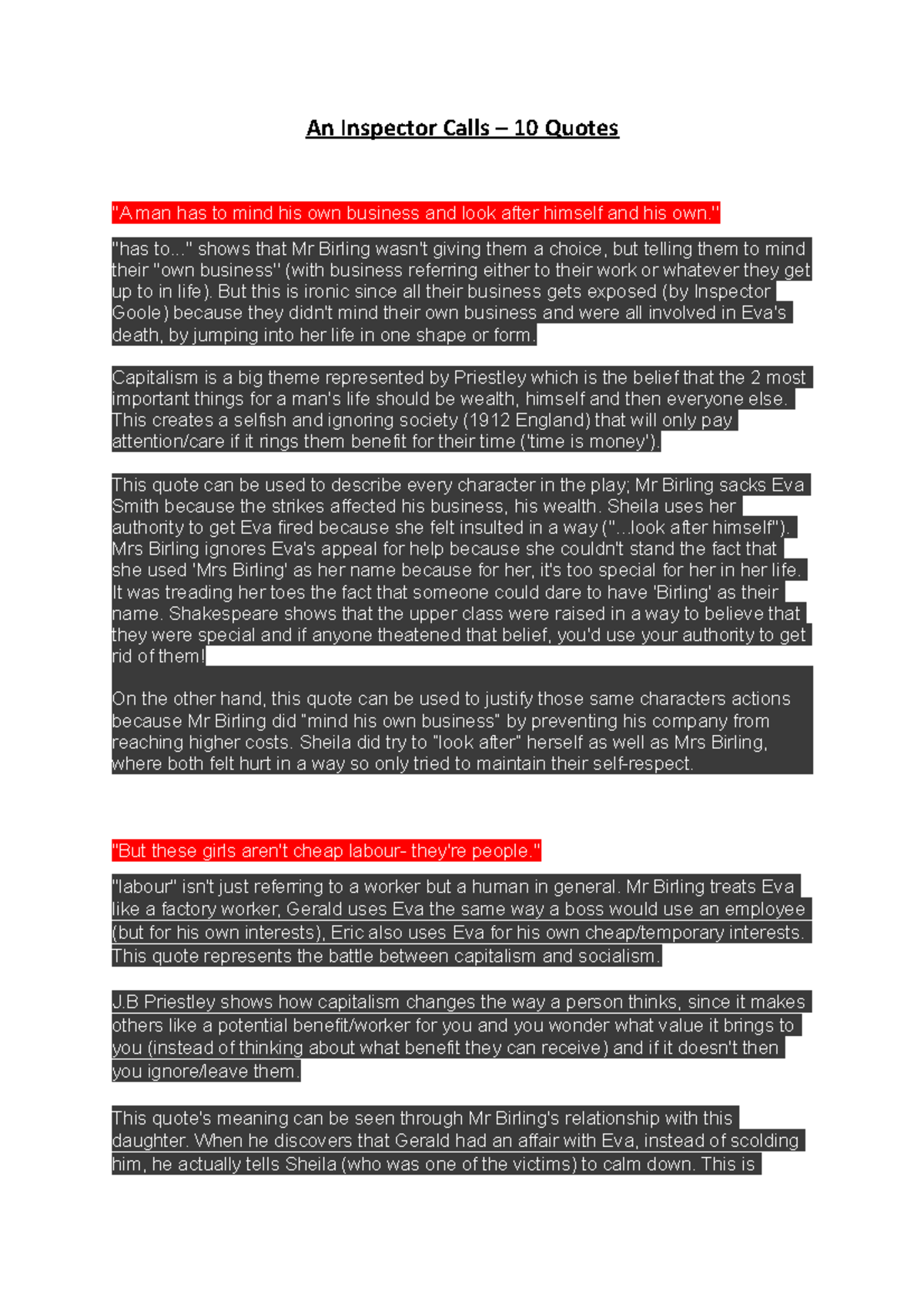 An Inspector Calls - 10 Quotes - An Inspector Calls – 10 Quotes ''A man ...