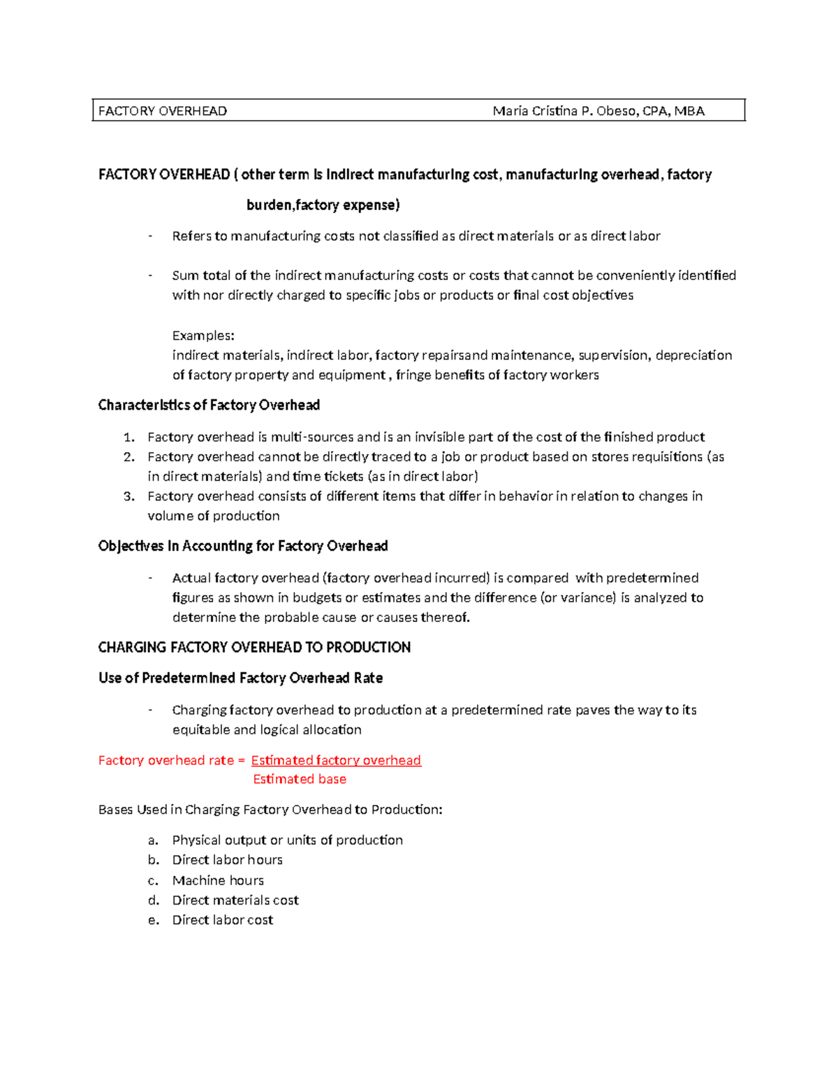 Factory- Overhead - FACTORY OVERHEAD Maria Cristina P. Obeso, CPA, MBA ...