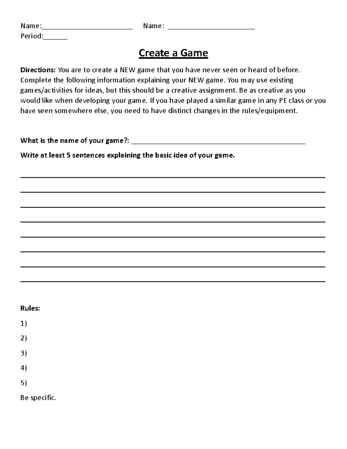 Create a Game Final Write-up - Name:_______________________ Name