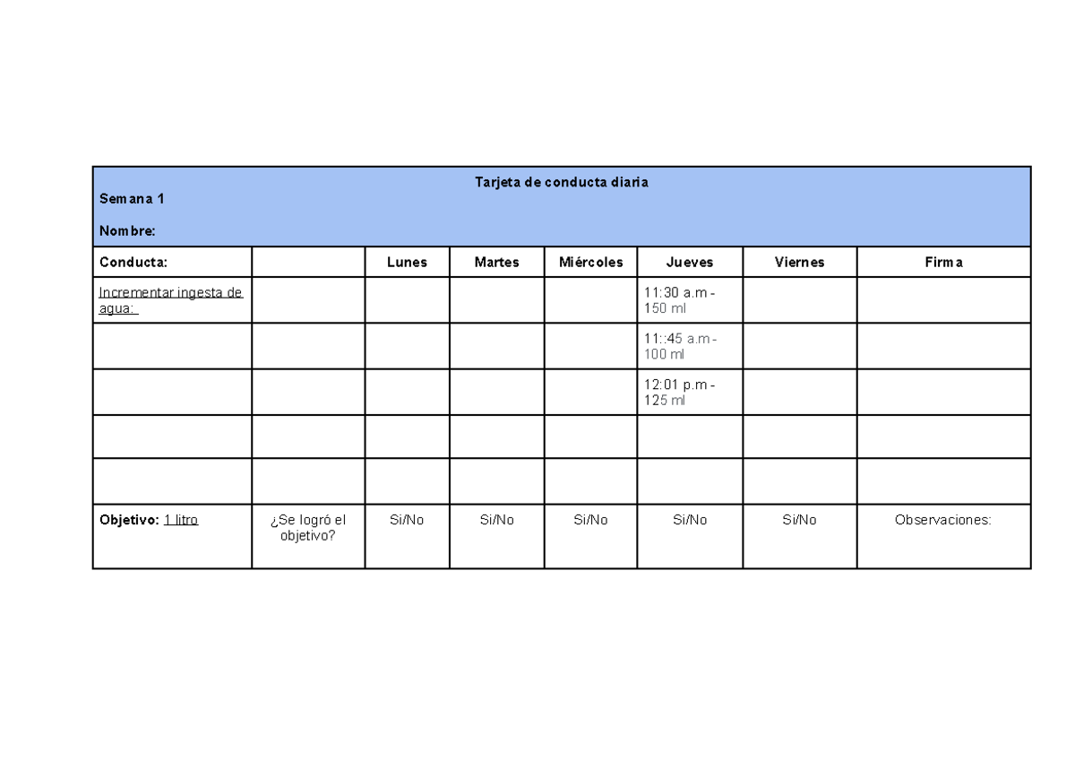 Registro Anecdotario - Cognitivo Coductual - Tarjeta de conducta diaria ...