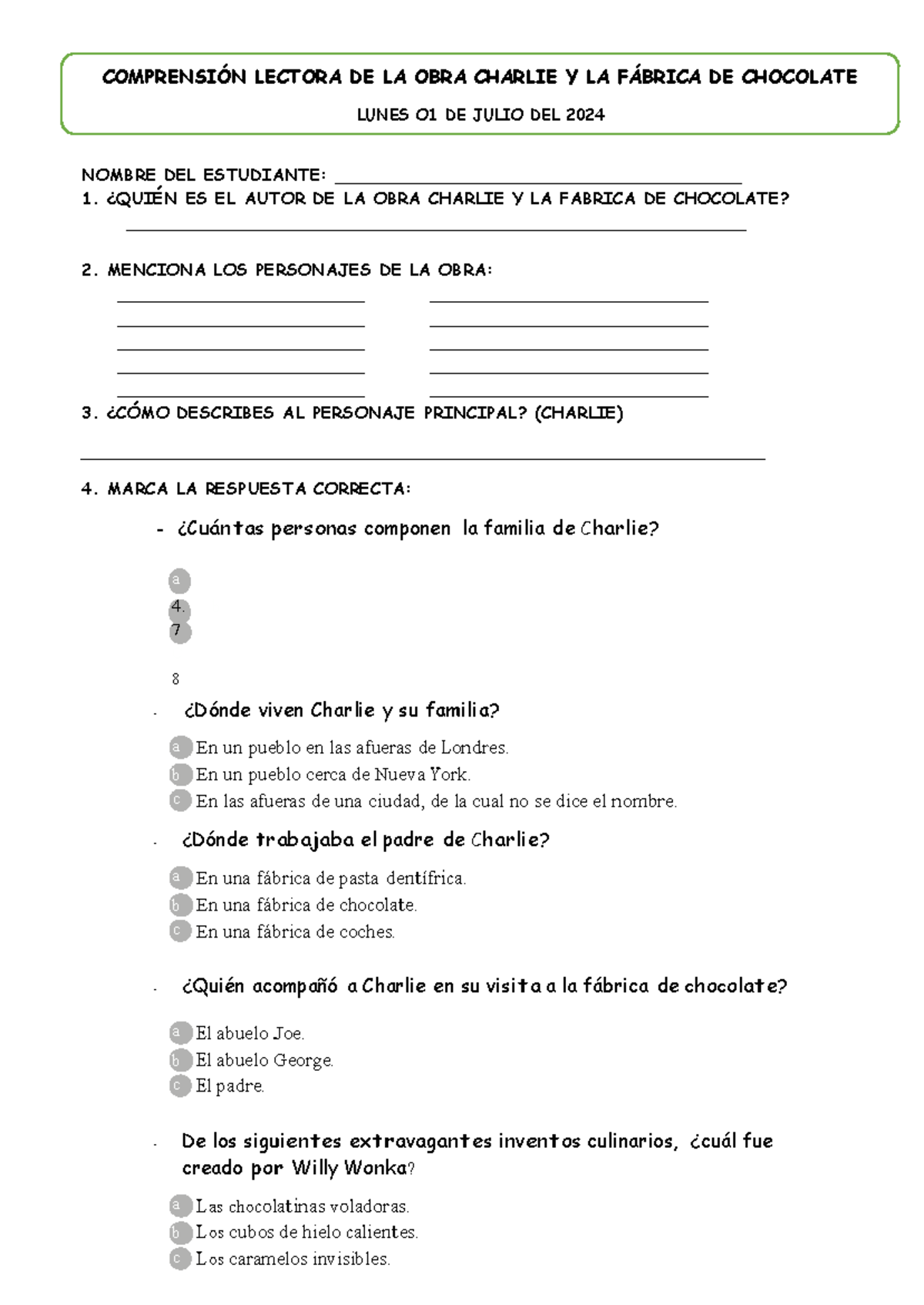 Comprensión lectora de la obra Charlie y la fábrica de chocolate ...