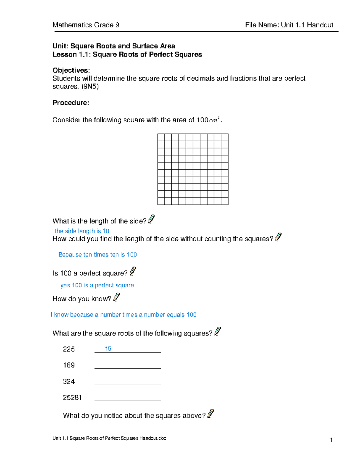 1.1 Handout perfect squares maths - Unit: Square Roots and Surface Area ...