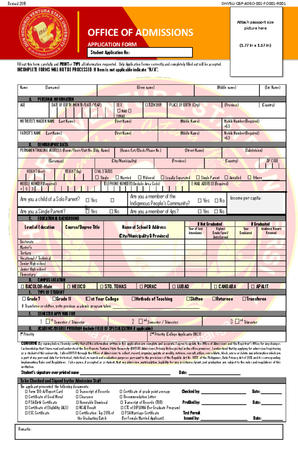 Admission- Application-FORM Dhvsu-QSP-ADSO-001-FO001-R001 - OFFICE OF ...
