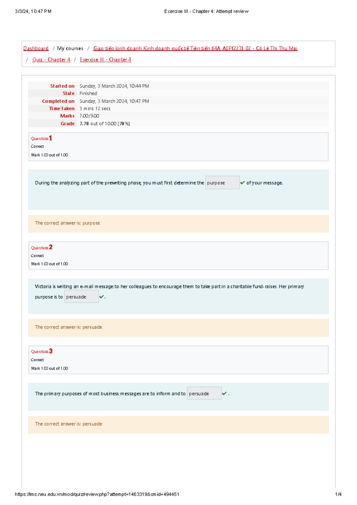 Exercise III - Chapter 4 Attempt review - Dashboard / My courses / Giao ...