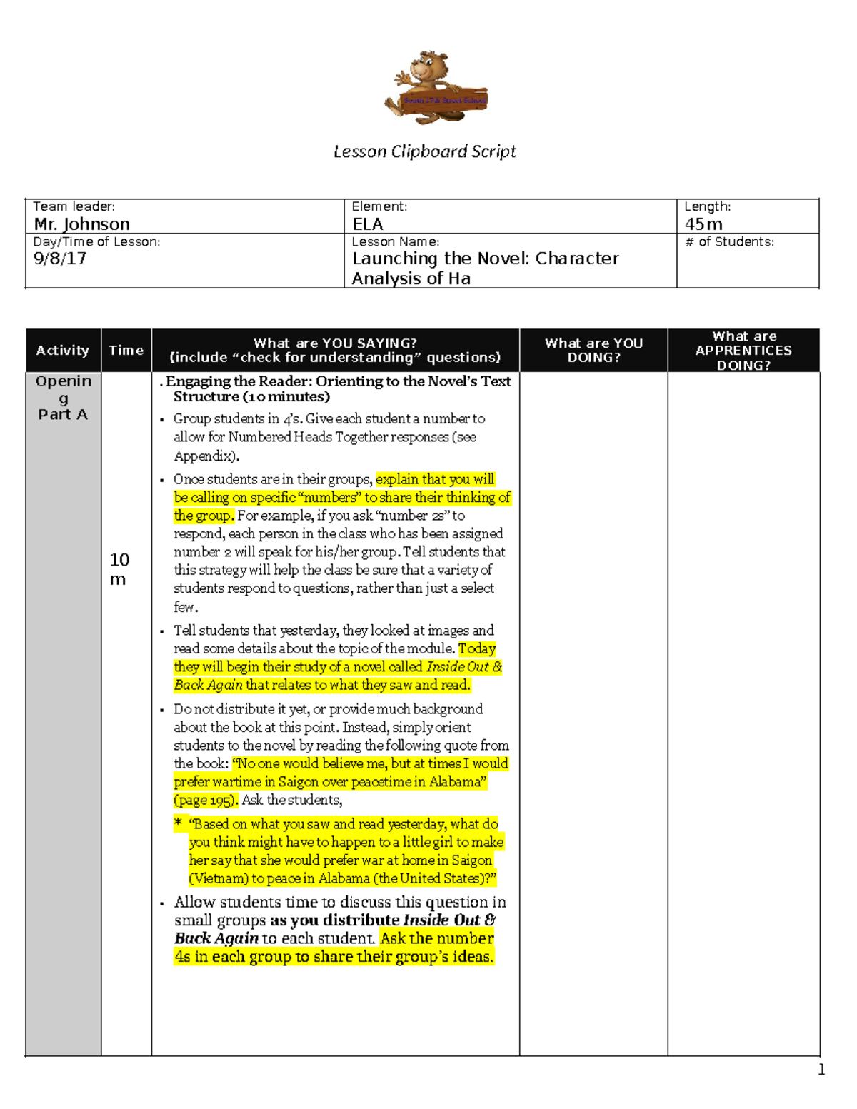 9-8-17 Clip Script - Lesson Clipboard Script Team leader: Mr. Johnson ...