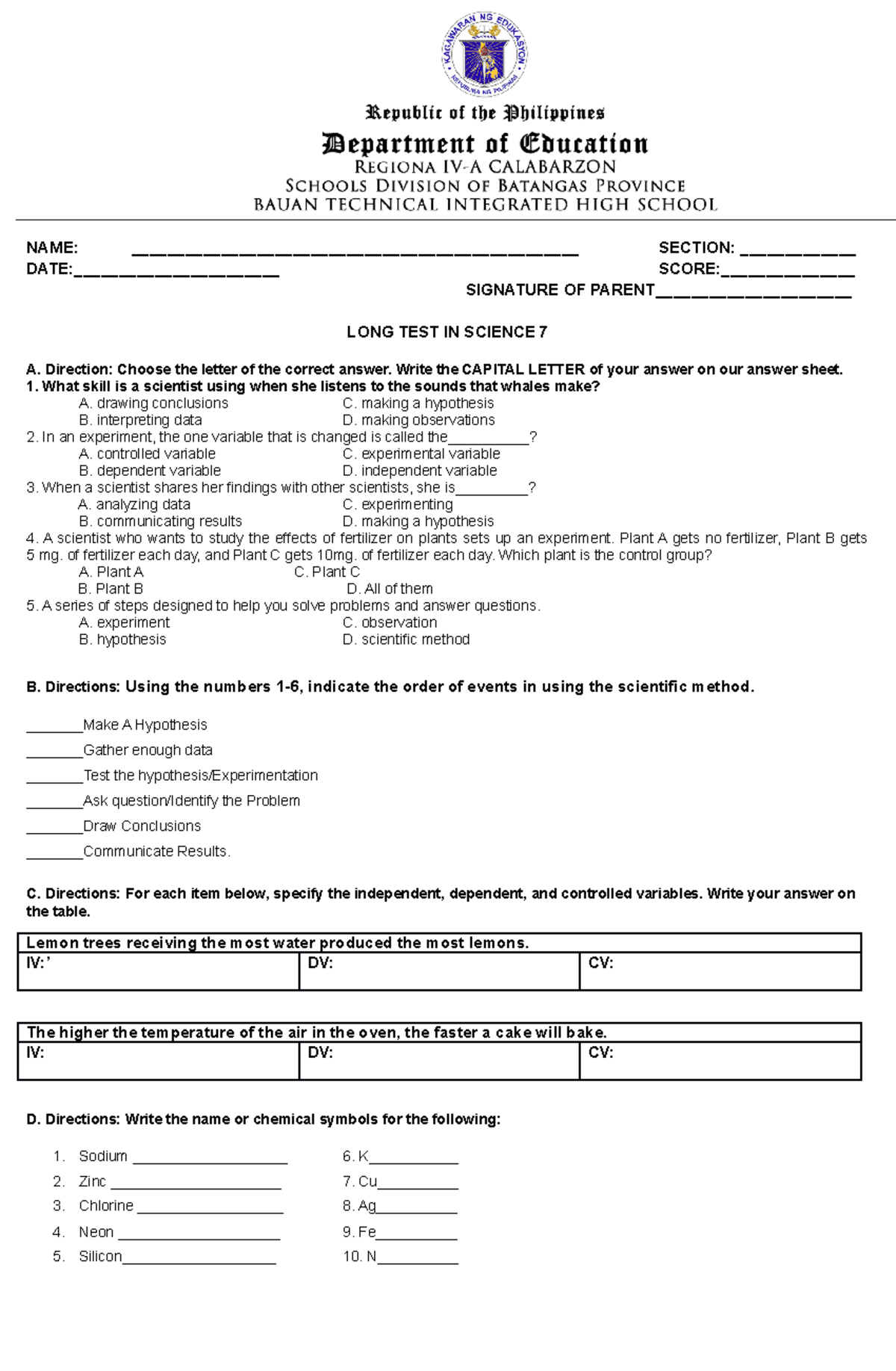 LONG TEST 1 - this is an assessment for students of g7 - NAME: - Studocu