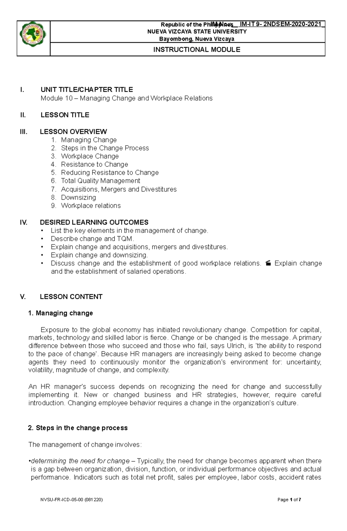 Module-10 - 1. Managing Change 2. Steps in the Change Process 3 ...