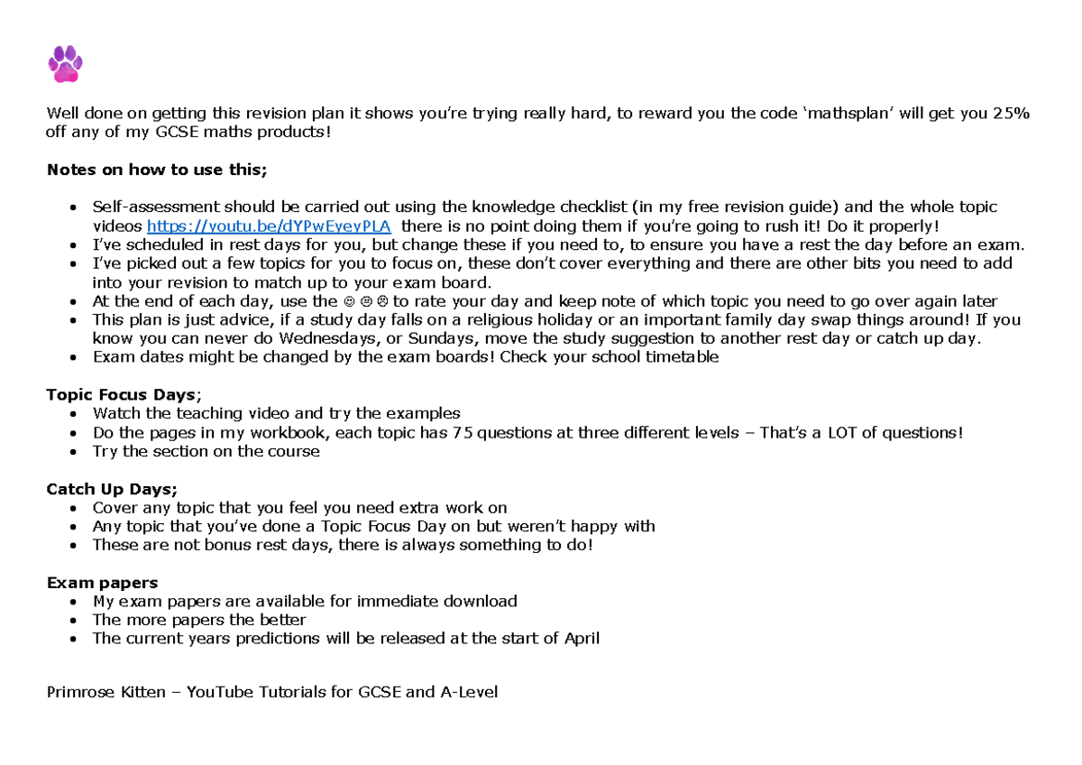 GCSE maths revision plan - Higher - Well done on getting this revision ...