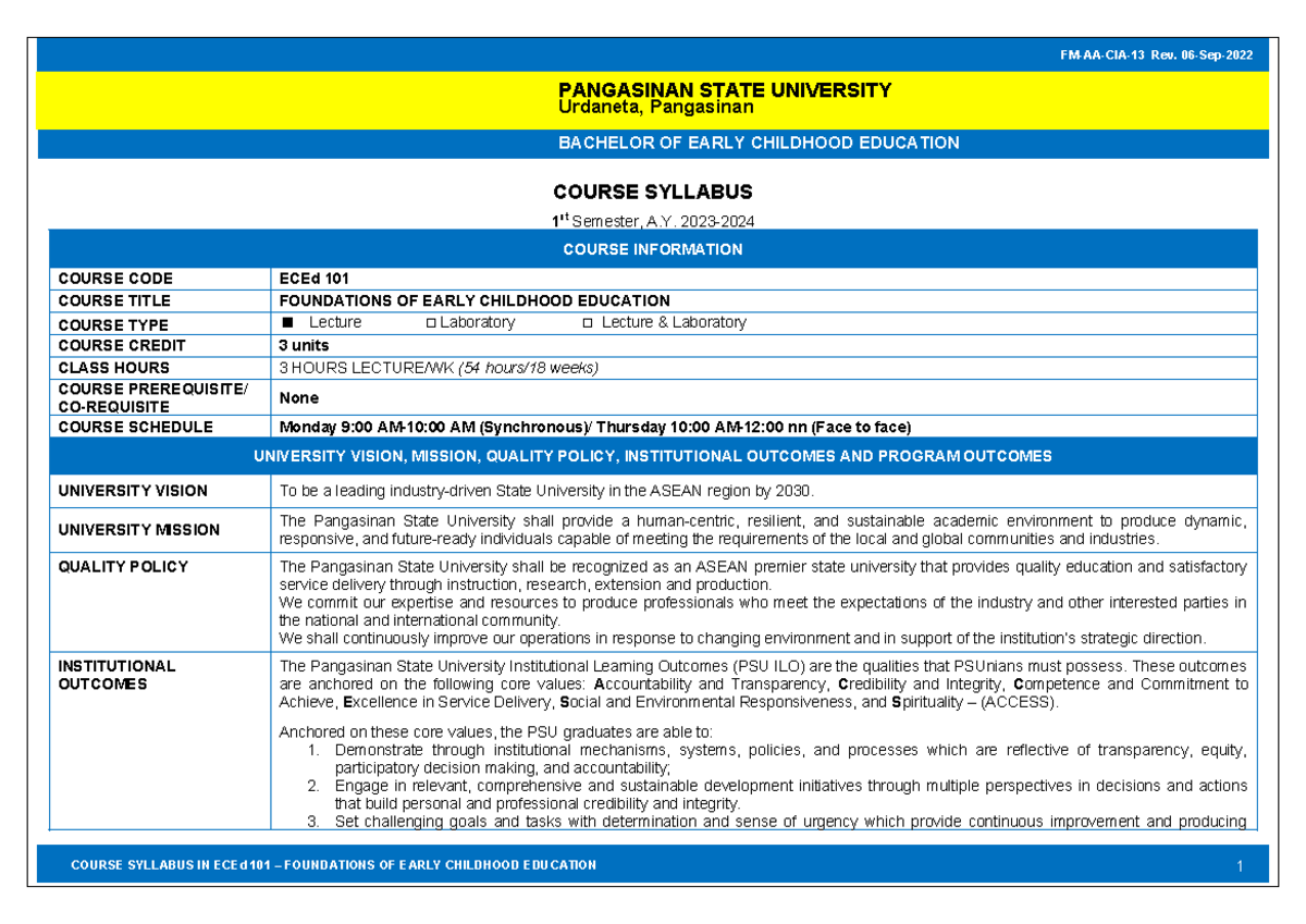 ECED-101 Course-Syllabus- Beced-1A - COURSE SYLLABUS IN ECEd 101 – FOUNDATIONS OF EARLY ...