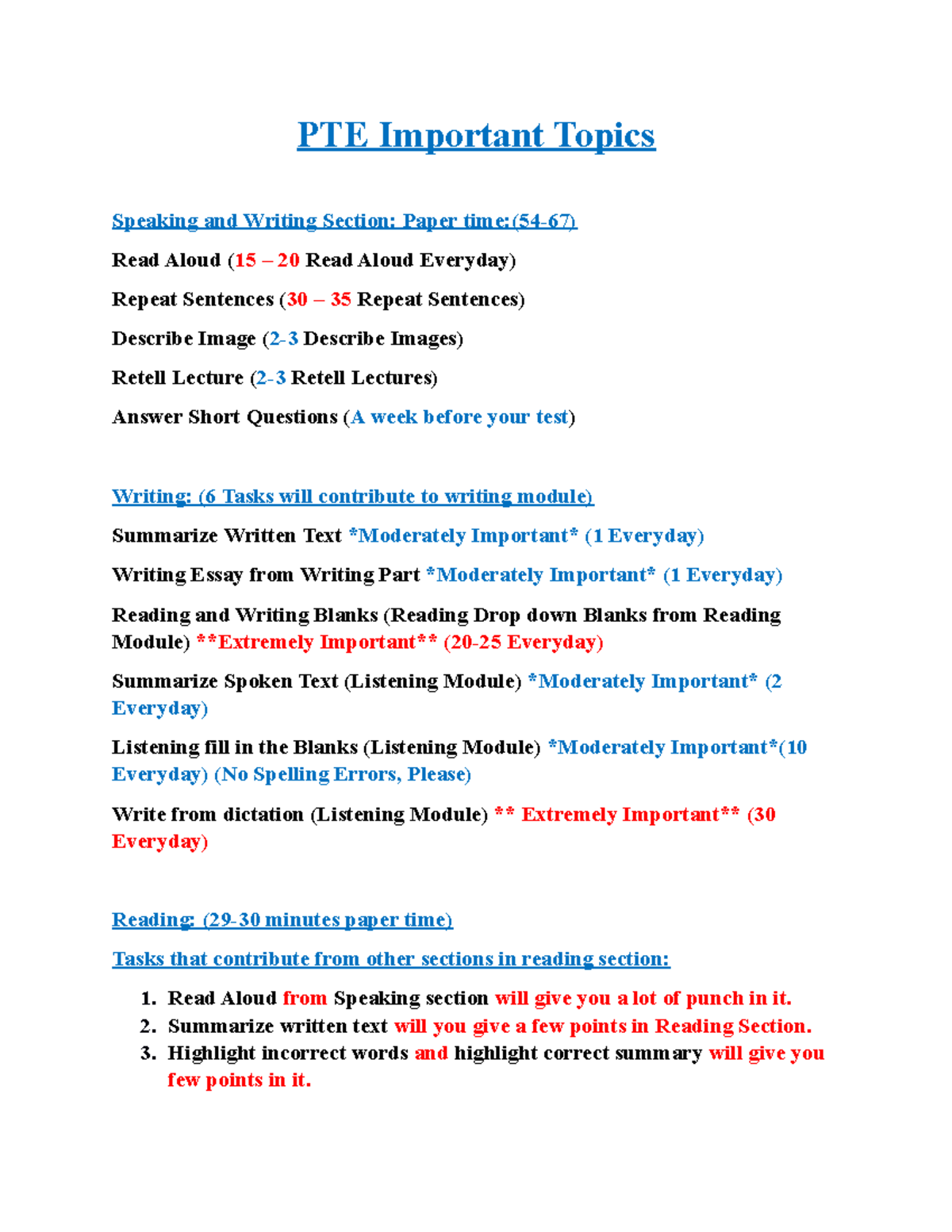 PTE Important Topics - listening reading writing speaking - PTE ...