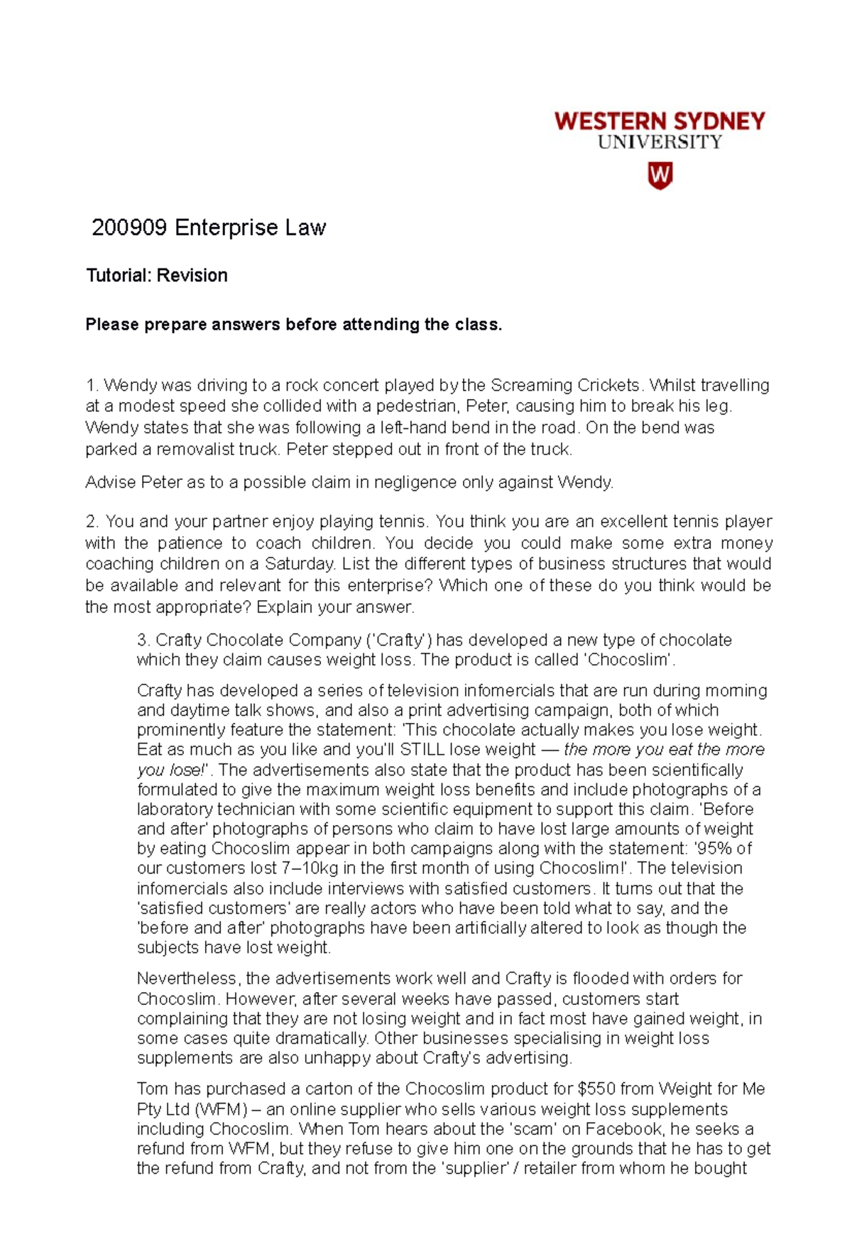 Revision questions Examples - 200909 Enterprise Law Tutorial: Revision ...