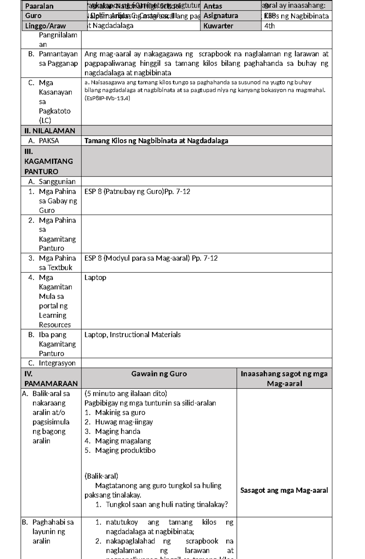 Lp6 - review - I. LAYUNIN Pagkatapos ng 60 minutong pagtuturo 75% ng ...