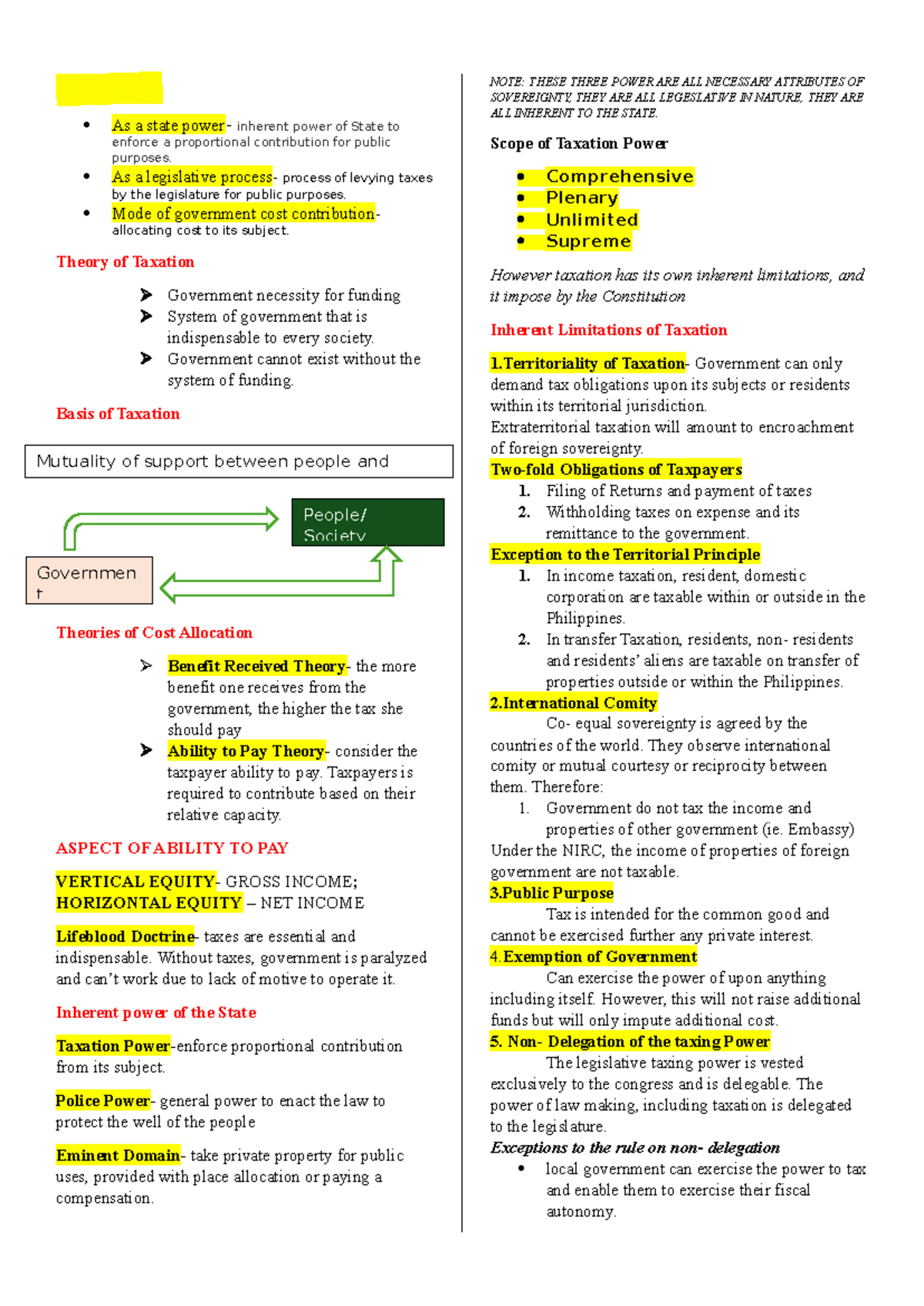 Taxation - Notes only - Taxation As a state power- inherent power of ...