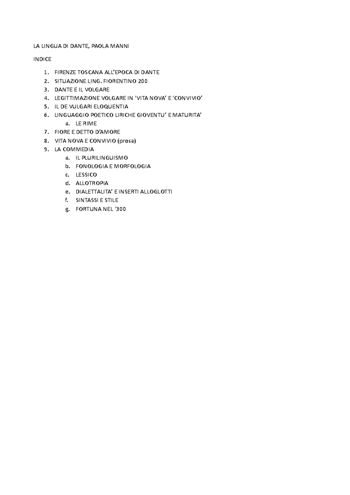 Schema La lingua di Dante - LA LINGUA DI DANTE, PAOLA MANNI INDICE 1 ...