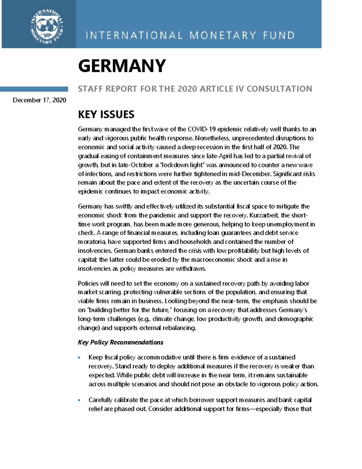 2021 01 19 staff report - Germany IMF key issues - STAFF REPORT FOR THE ...