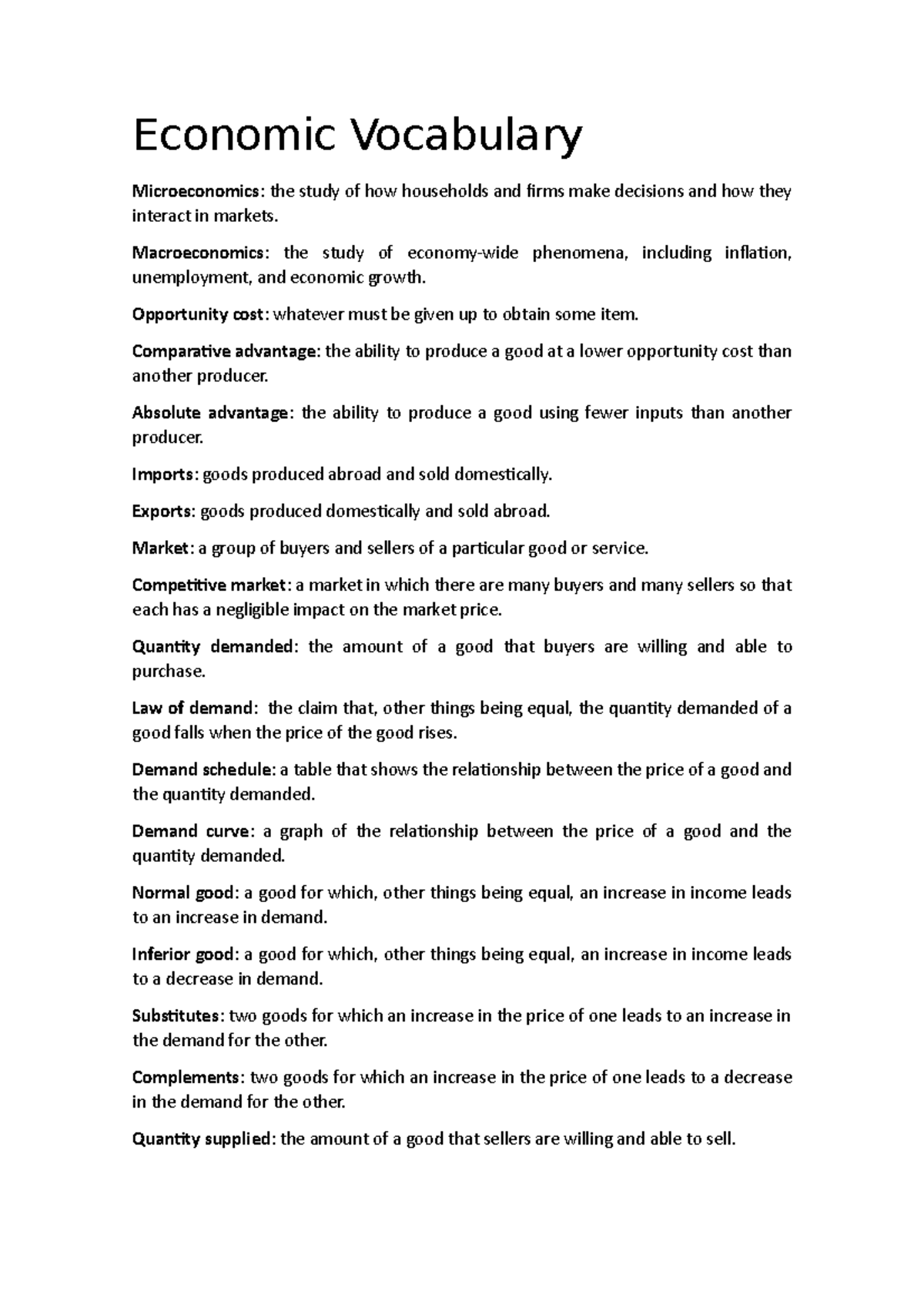 Vocabulary - Apuntes 1 - Economic Vocabulary Microeconomics: the study ...
