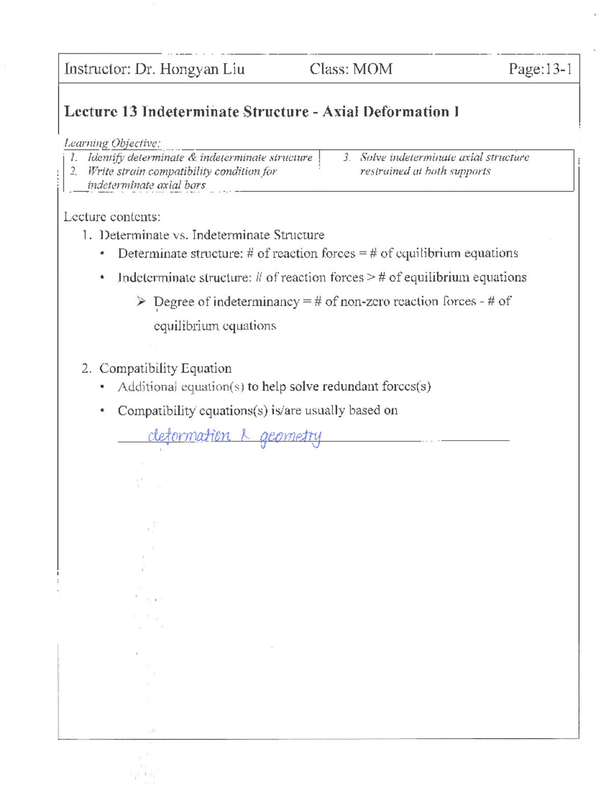 CEEN311-22SP-Lecture 13 - Instructor: Dr. Hongyan Liu Class: MOM Lecture 13 Indeterminate ...