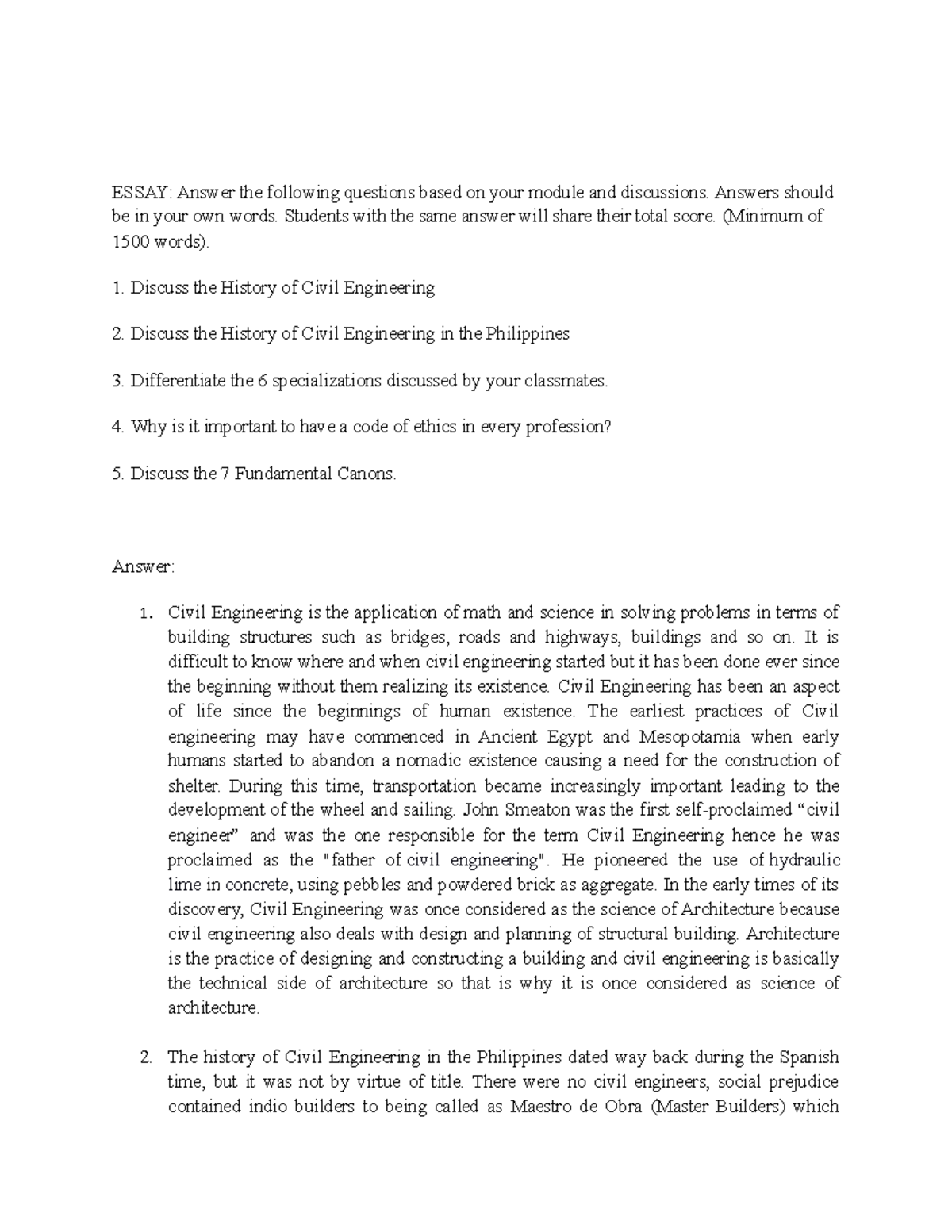 Final Examination - CE Essay - ESSAY: Answer the following questions ...