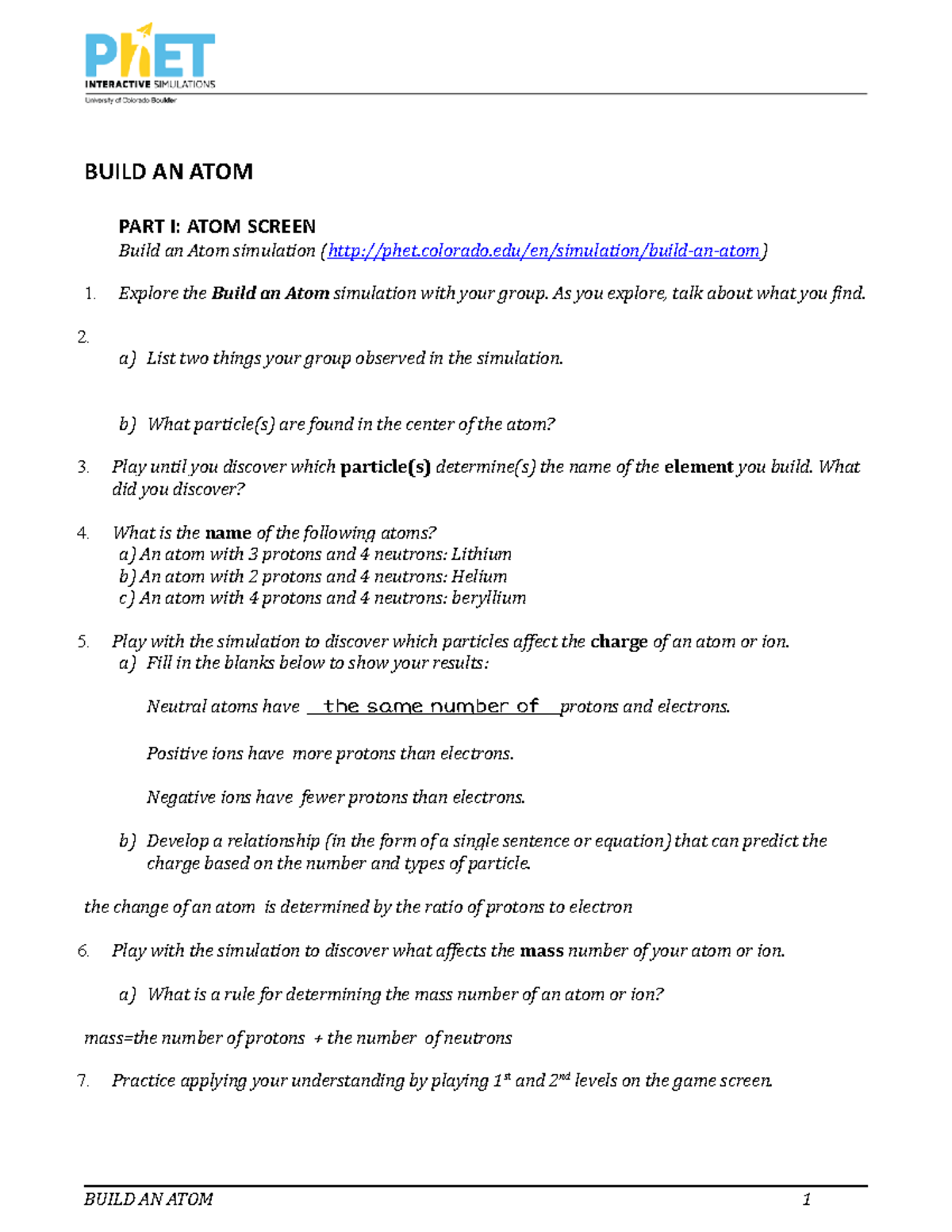 Copy of Build An Atom Student Handout - BUILD AN ATOM PART I: ATOM SCREEN Build an Atom ...