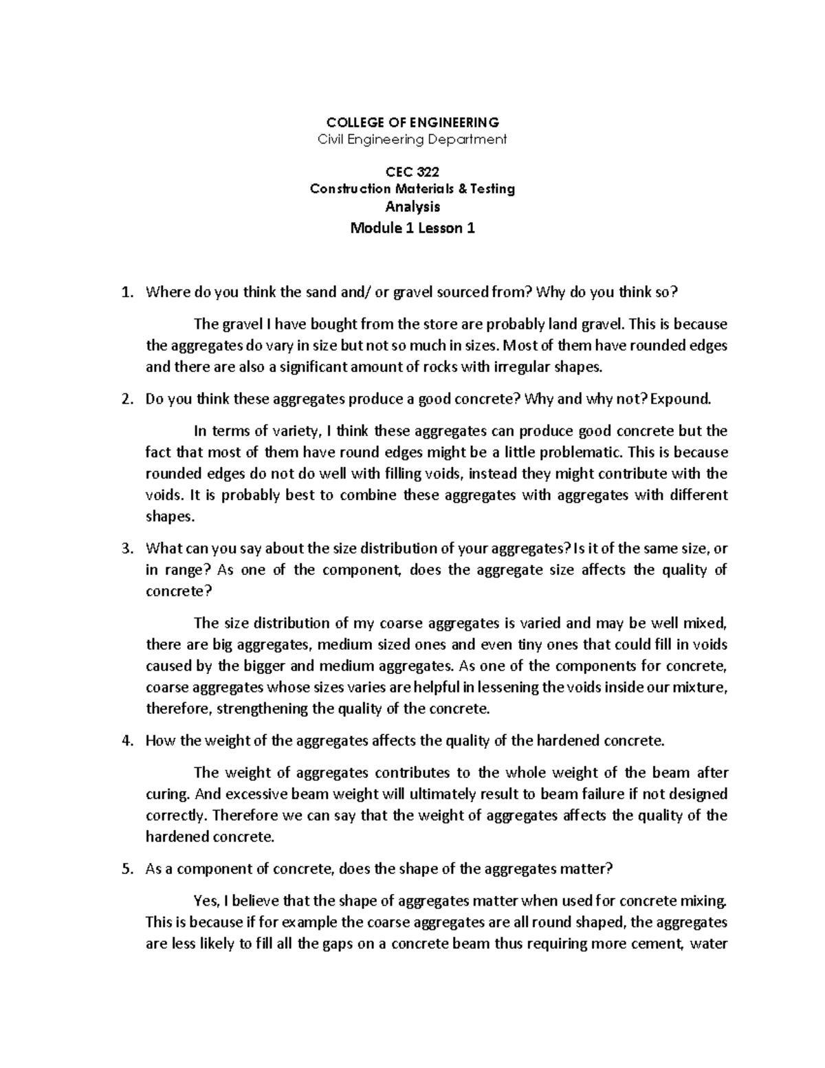 CEC322 Module 1Analysis 1 - COLLEGE OF ENGINEERING Civil Engineering Department CEC 322 ...