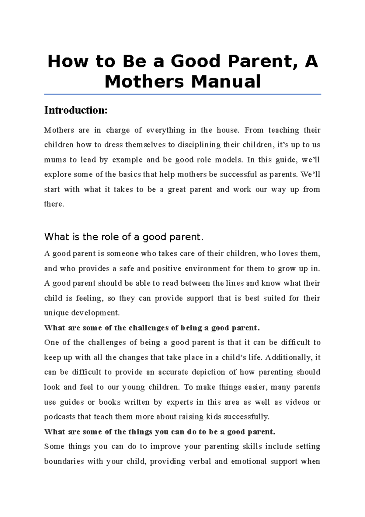 How to Be a Good Parent, A Mothers Manual - How to Be a Good Parent, A ...