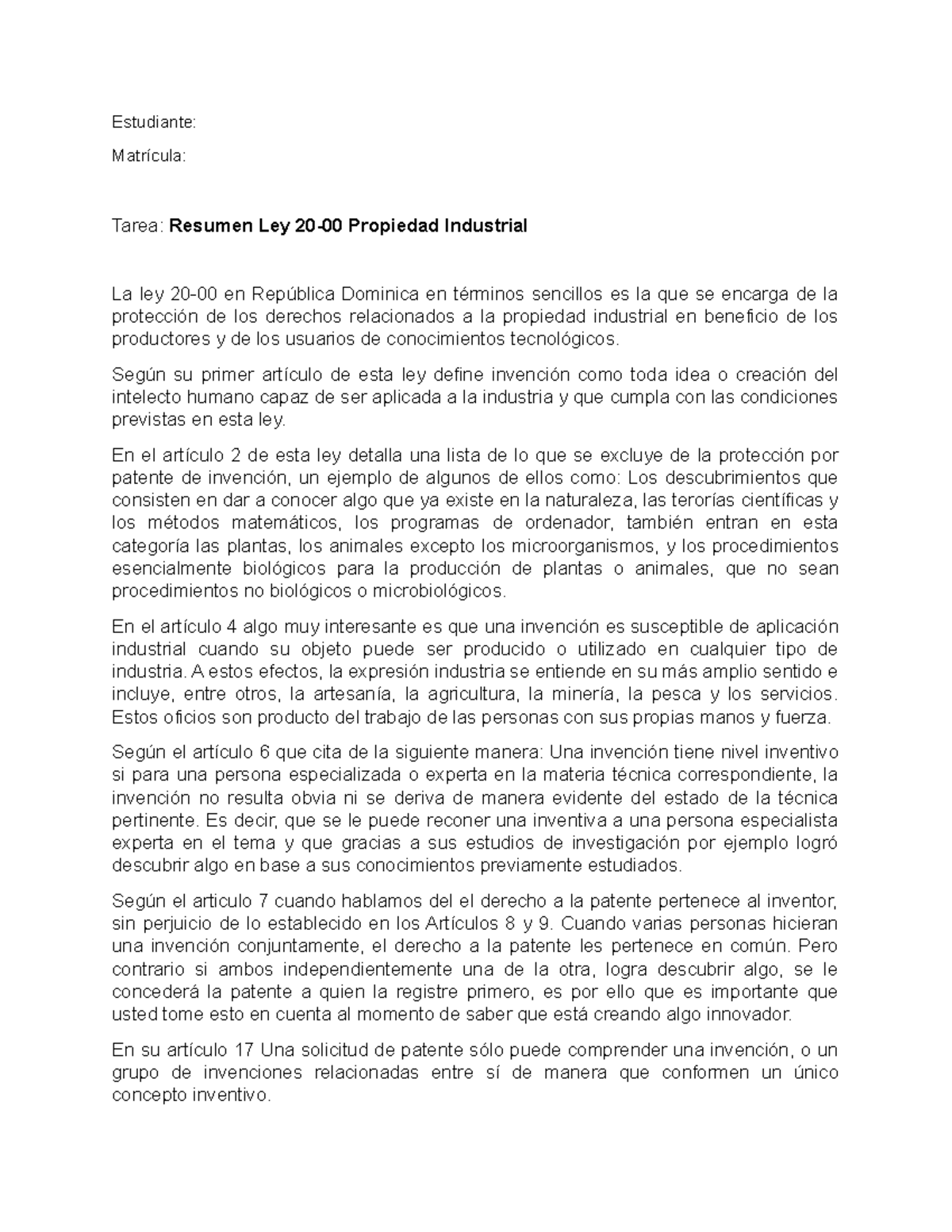 Resumen ley 20-00 - Ley 20-00 - Estudiante: Matrícula: Tarea: Resumen ...