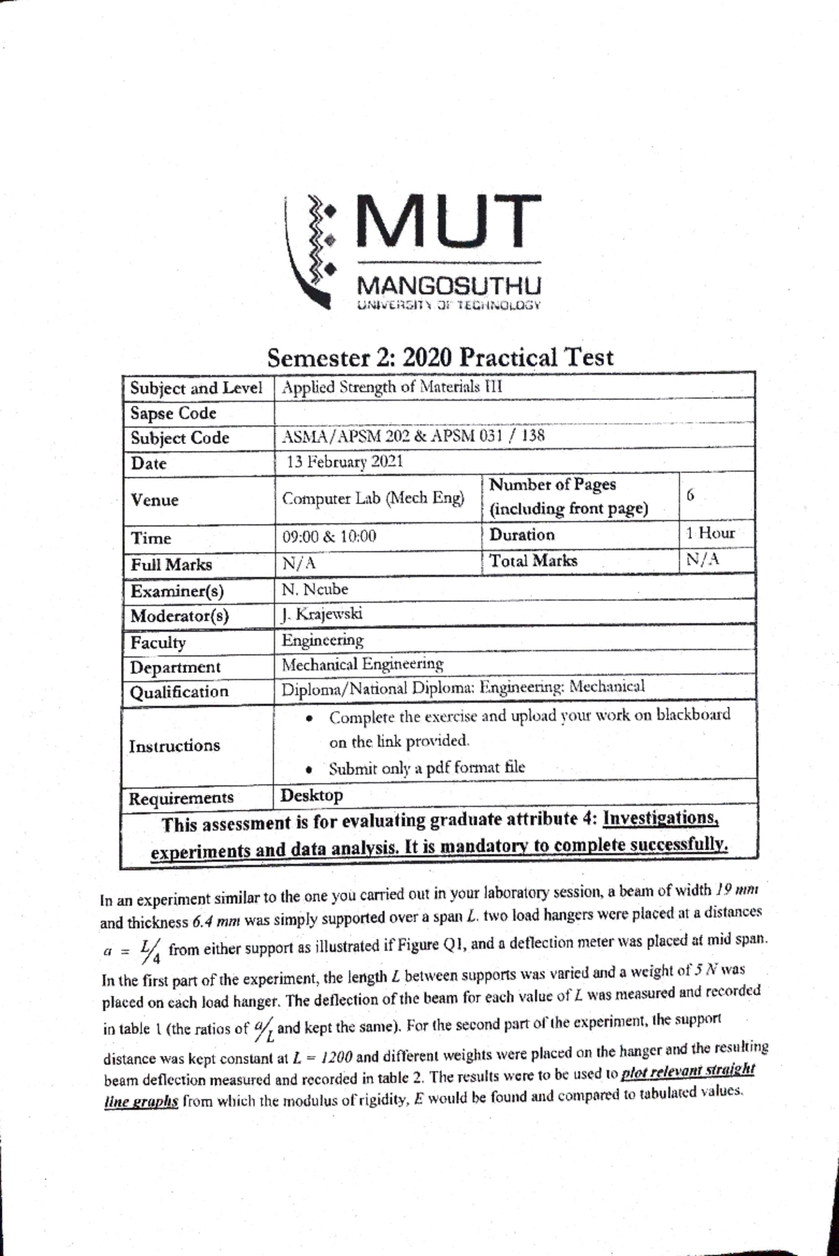 APSM202 - February 2020 Practical Test - MUT MANGOSUTHU UNIVERSITY OF ...