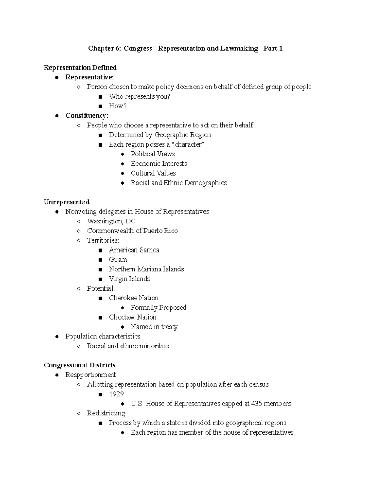 Chapter 6 Congress - Representation and Lawmaking - Part 1 - House of ...