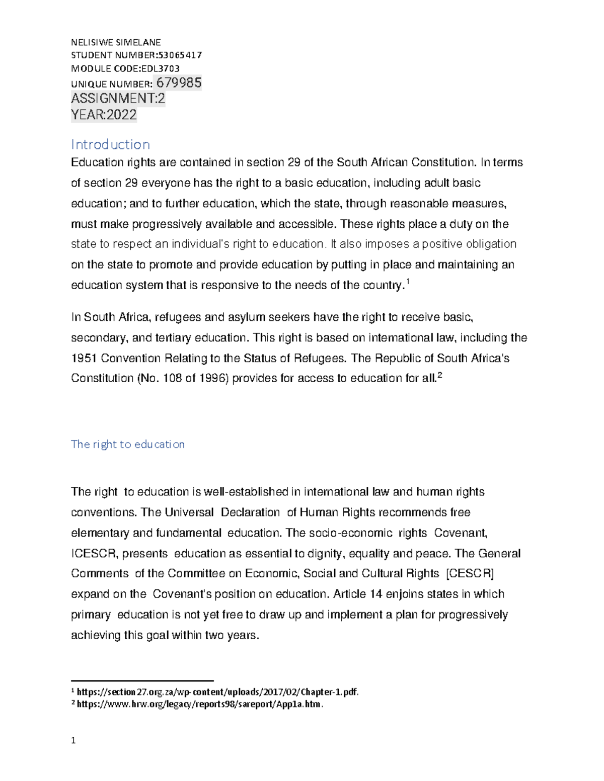 EDL3703 assignment 2 - STUDENT NUMBER: MODULE CODE:EDL UNIQUE NUMBER ...