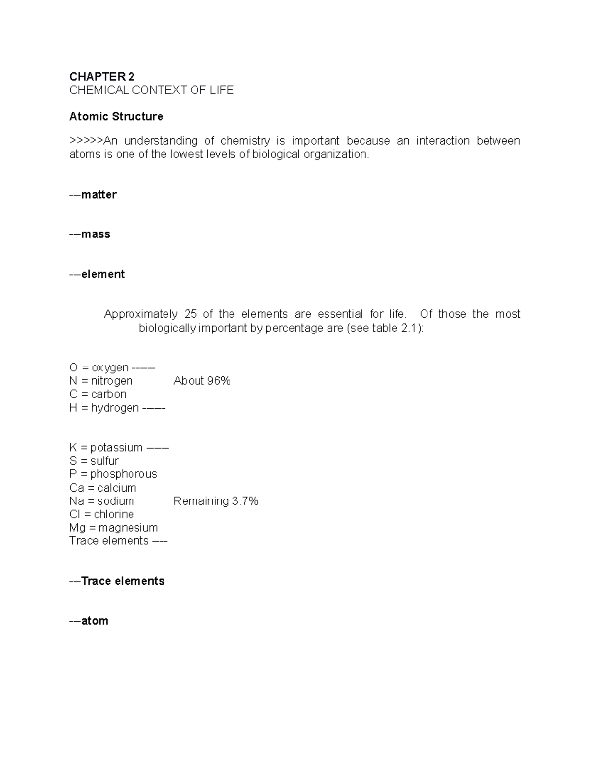 Chap 2 - Notes for Biology - CHAPTER 2 CHEMICAL CONTEXT OF LIFE Atomic ...