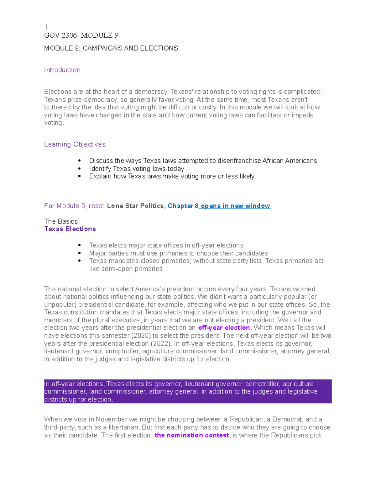 GOV 2306- Module 9-LEE - GOV 2306- MODULE 9 MODULE 9: CAMPAIGNS AND ...