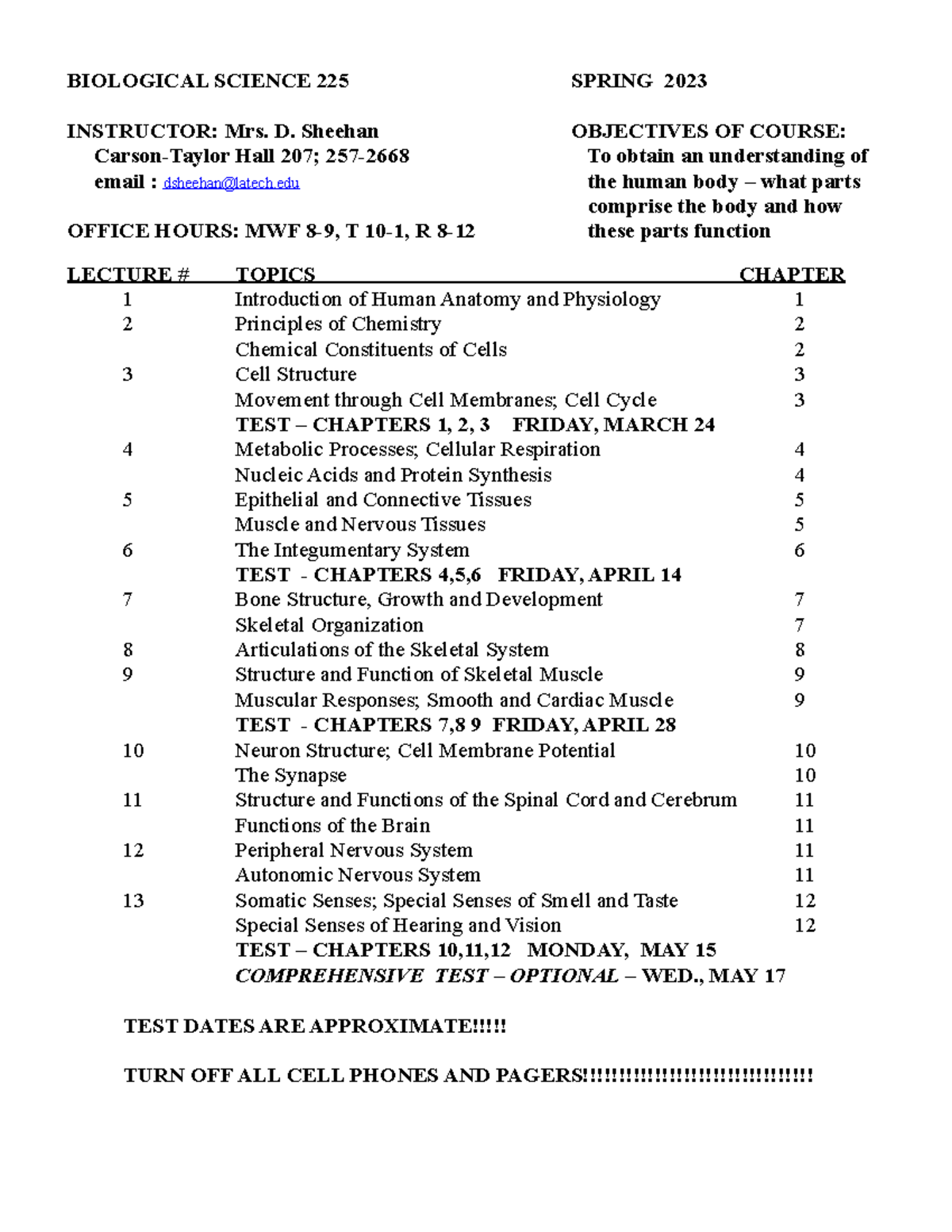 BISC225- Syllabus-233 - INSTRUCTOR: Mrs. D. Sheehan OBJECTIVES OF ...