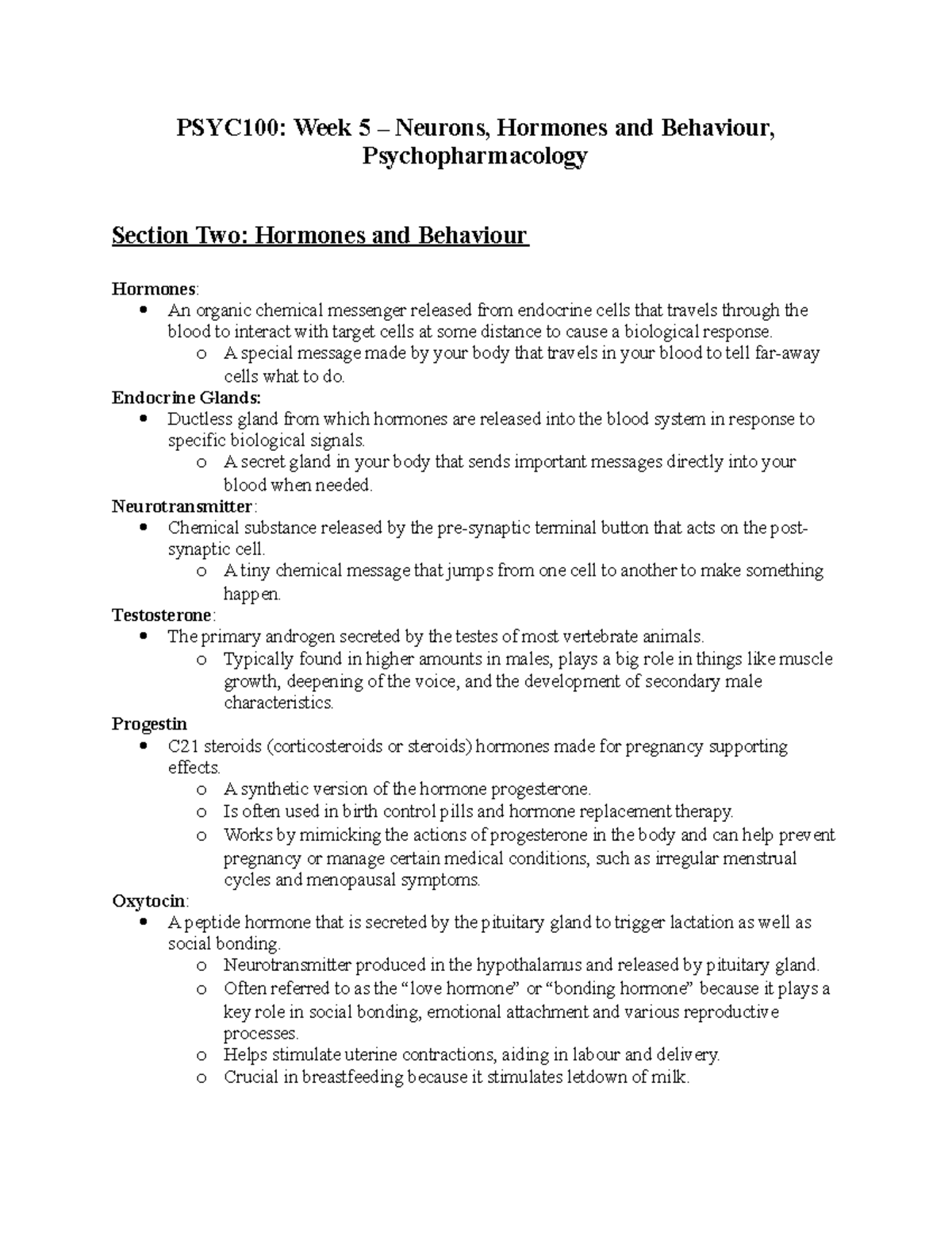 Psyc100 week5 - Week 5 Neurons, hormones and behaviours, psychopharmacology - PSYC100: Week 5 ...
