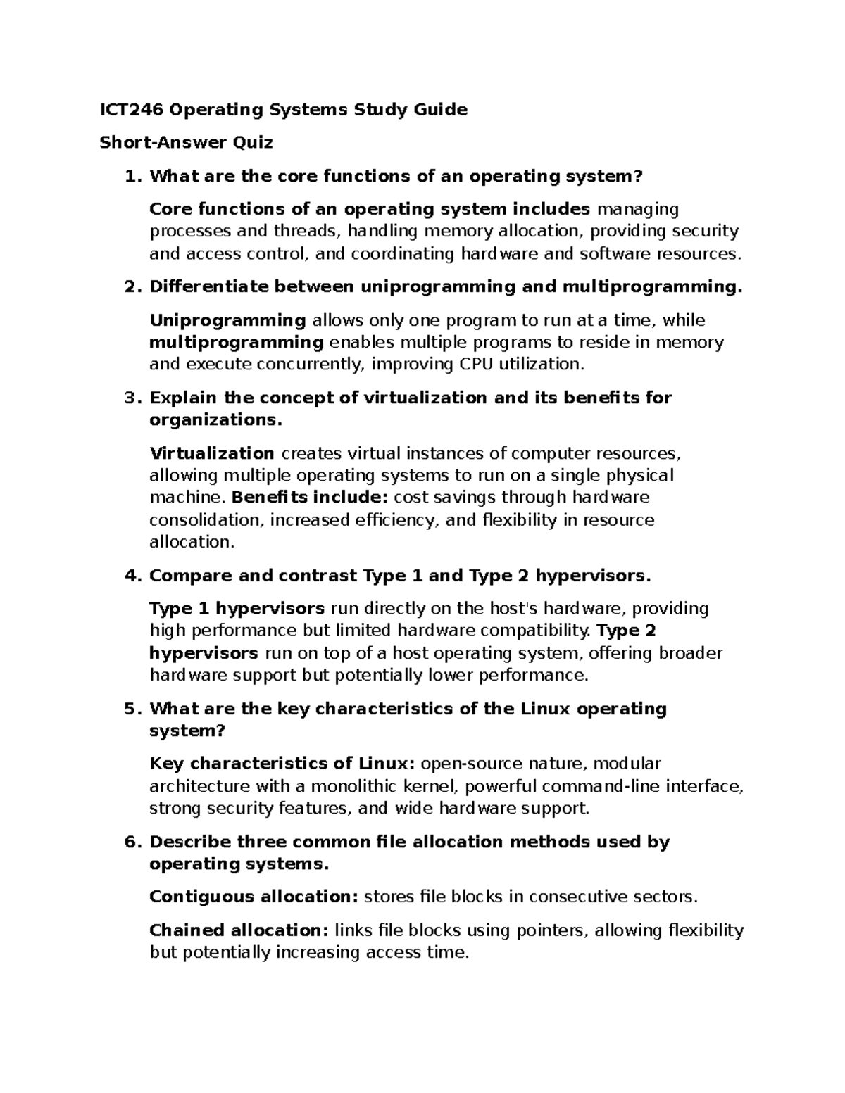 ICT246 Operating Systems Study Guide - ICT246 Operating Systems Study Guide Short-Answer Quiz 1 ...