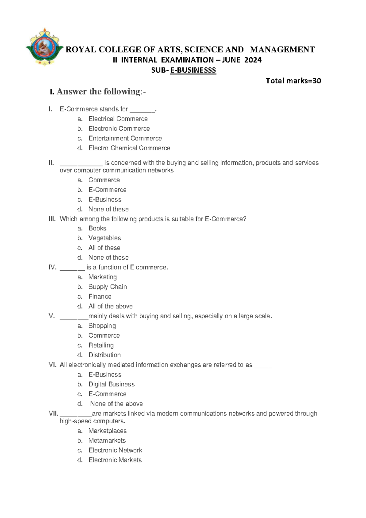E business and e commerce - ROYAL COLLEGE OF ARTS, SCIENCE AND ...