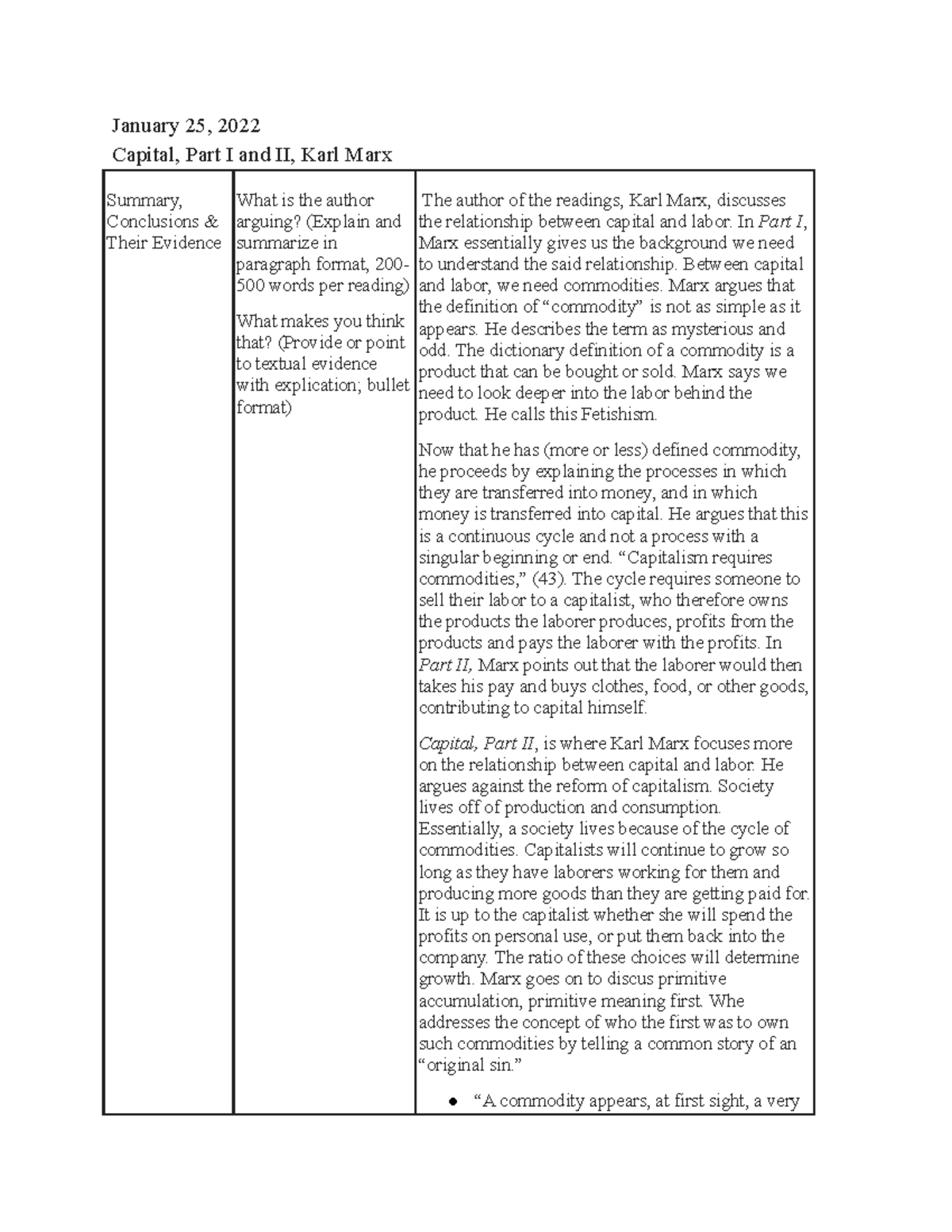 Journal 1 - Sociological Theories - January 25, 2022 Capital, Part I ...