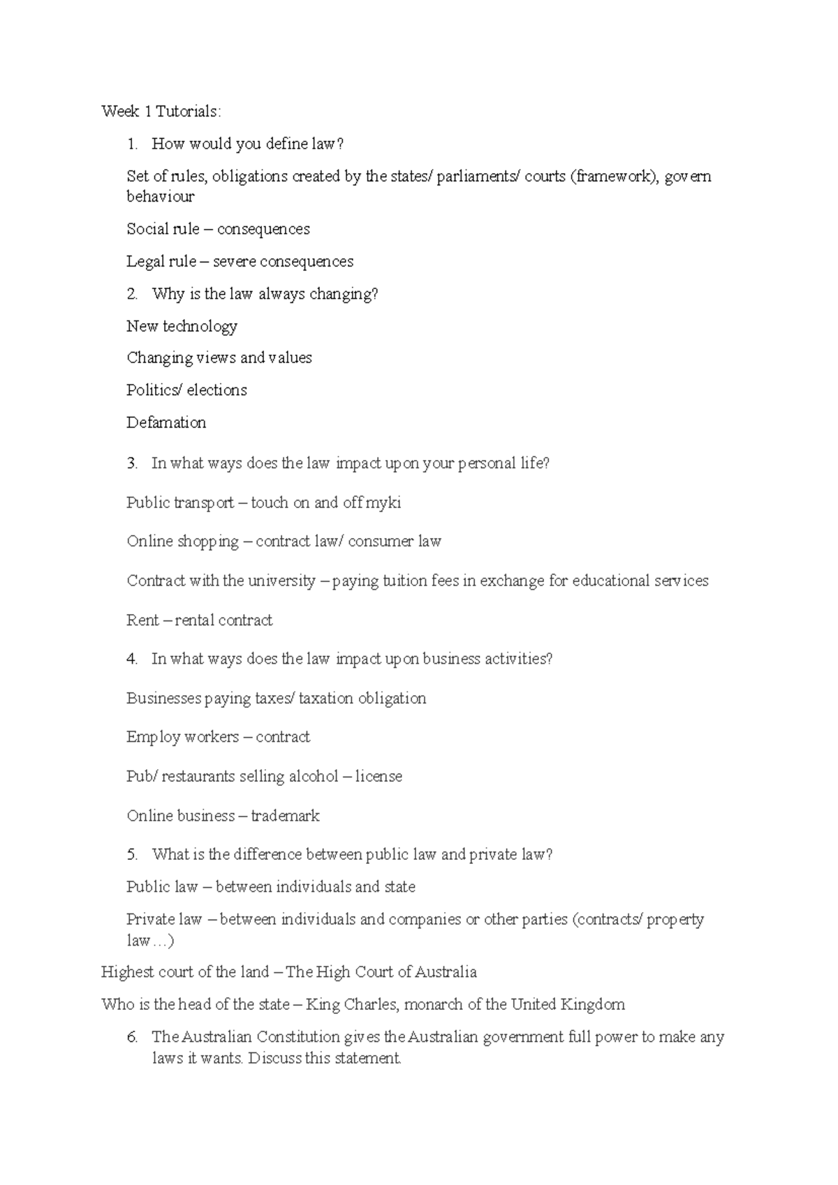 Business Law Tutorials Week 1 Tutorials 1 How Would You Define Law Set Of Rules
