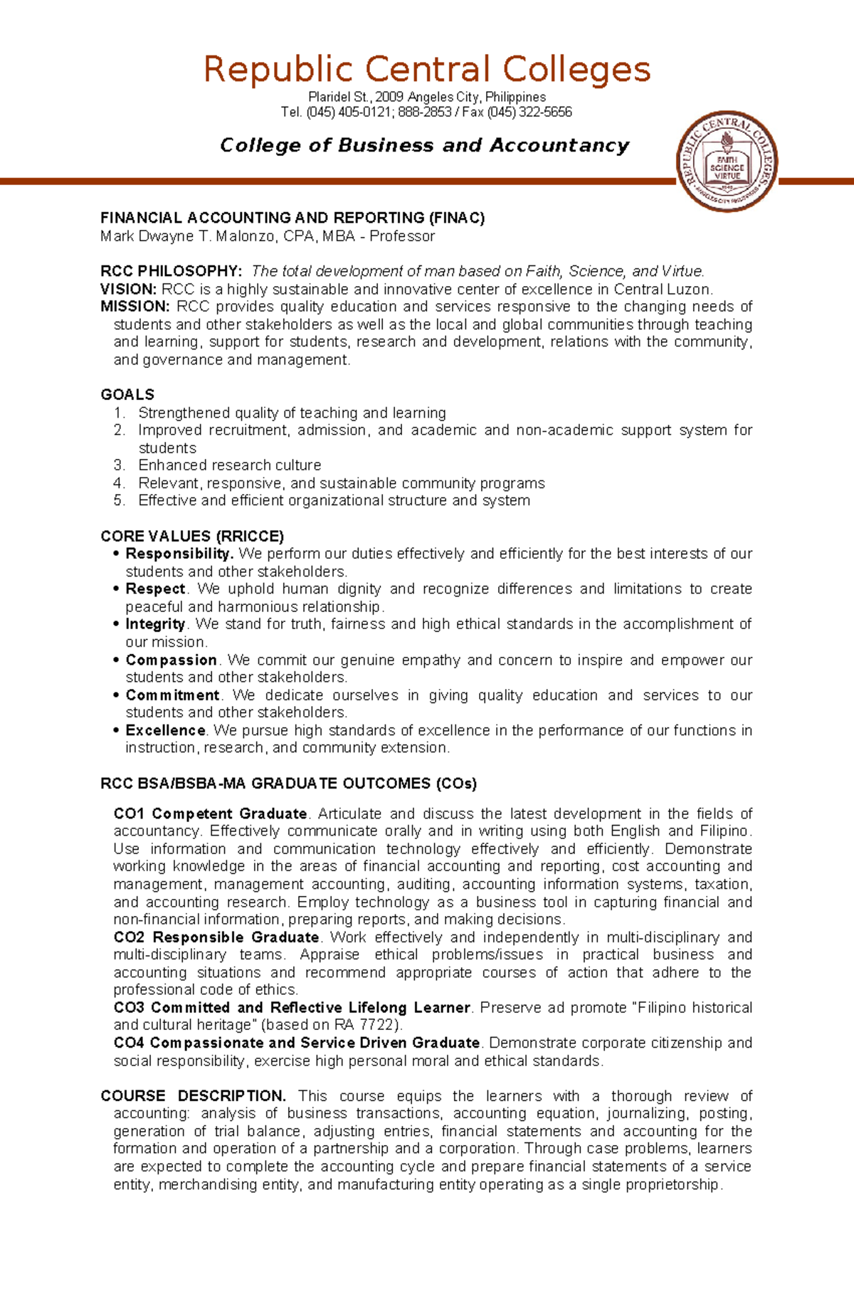 Finac Financial Accounting and Reporting Course Outline - Republic ...