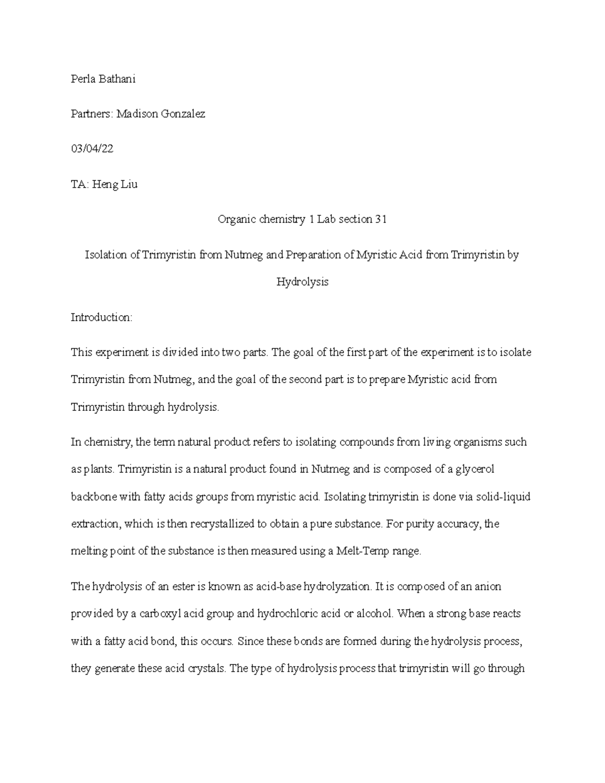 LAB Report 5 - orgo 1 post lab 5 - Perla Bathani Partners: Madison ...